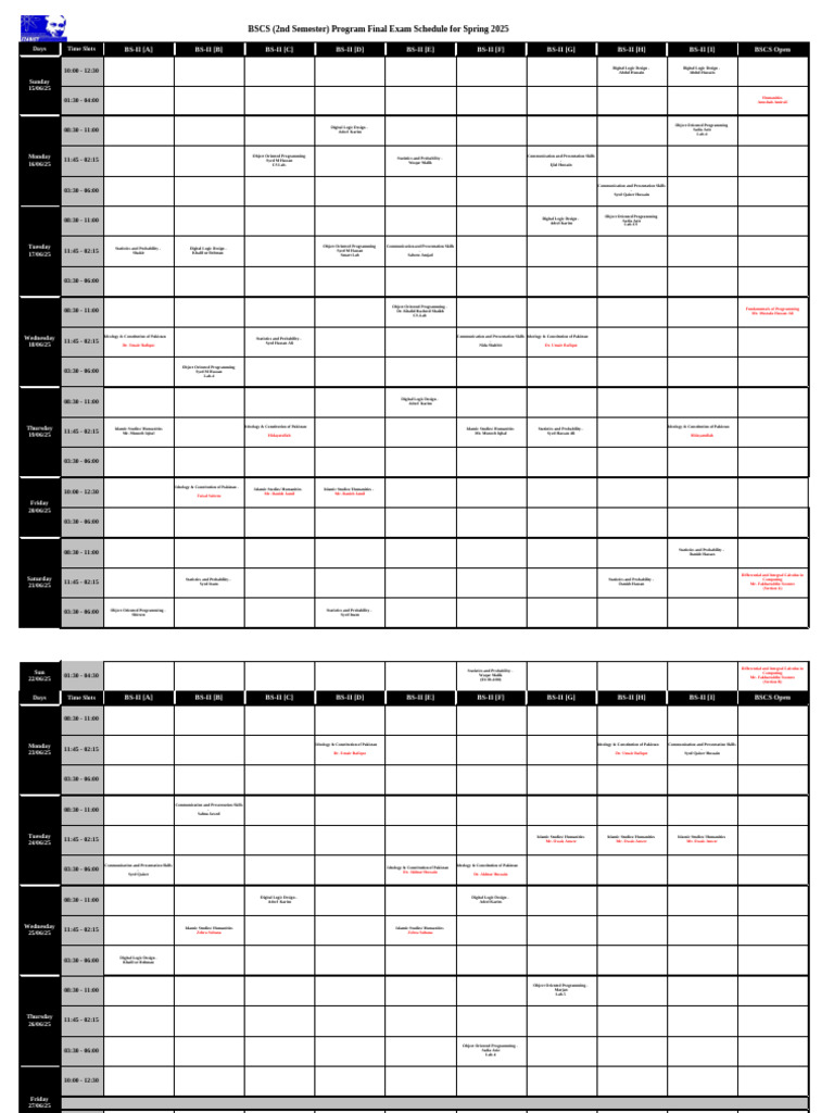 BSCS (1st 2nd Years Semester) Program Final Exam Schedule For Spring 2025 | PDF