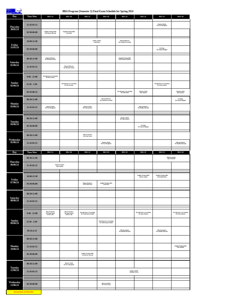 BBA Program Final Exam Schedule For Spring 2024 | PDF | Business ...