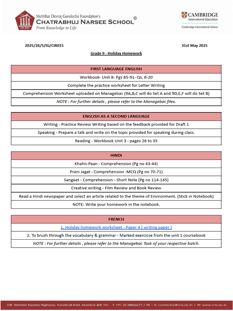 9th Grade Holiday Homework Assignments | PDF | Worksheet | Linguistics