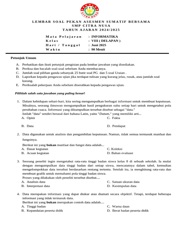 Lembar Soal Asat Kelas 8 | PDF