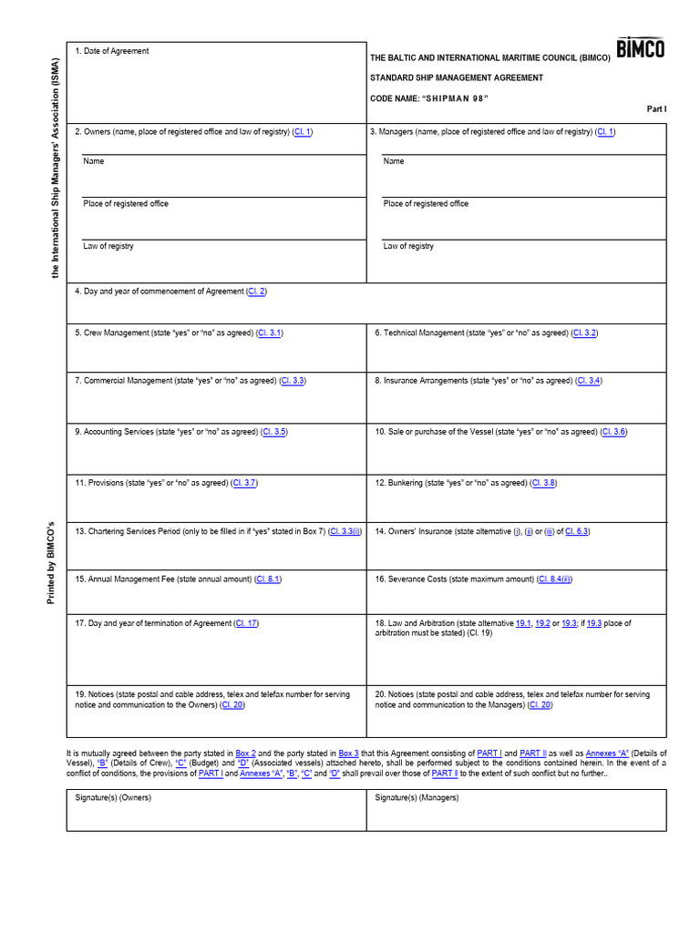 Standart Ship Management Agreement Code Name Shipman 98 | PDF ...