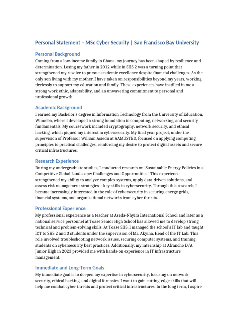 Personal Statement CyberSecurity SFBU | PDF | Computer Security | Security