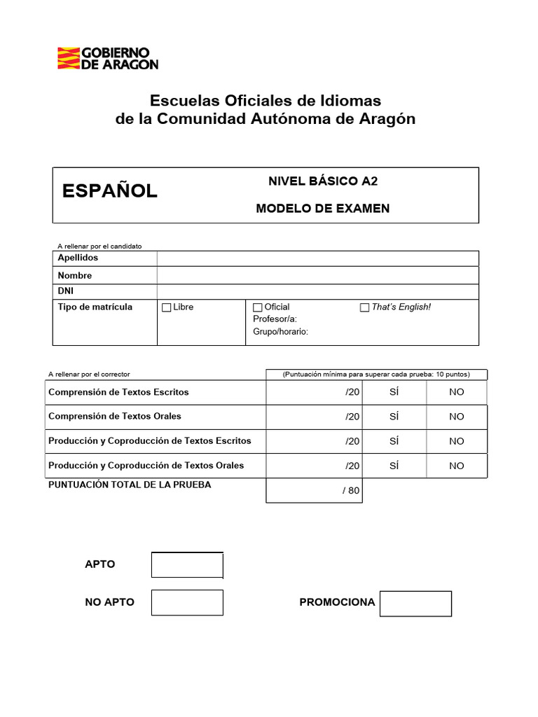 Examen Espanol A2 Modelo Web | PDF | Alimentos | Panes