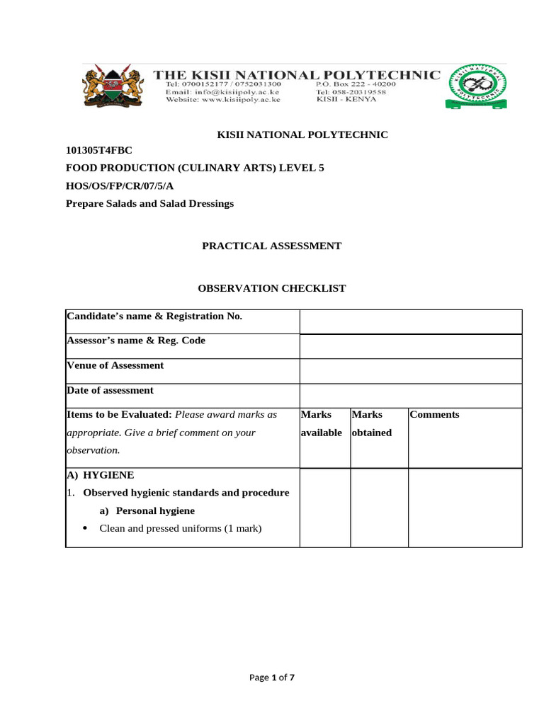 Observation Checklist Salad and Salad Dressings | PDF | Mayonnaise ...