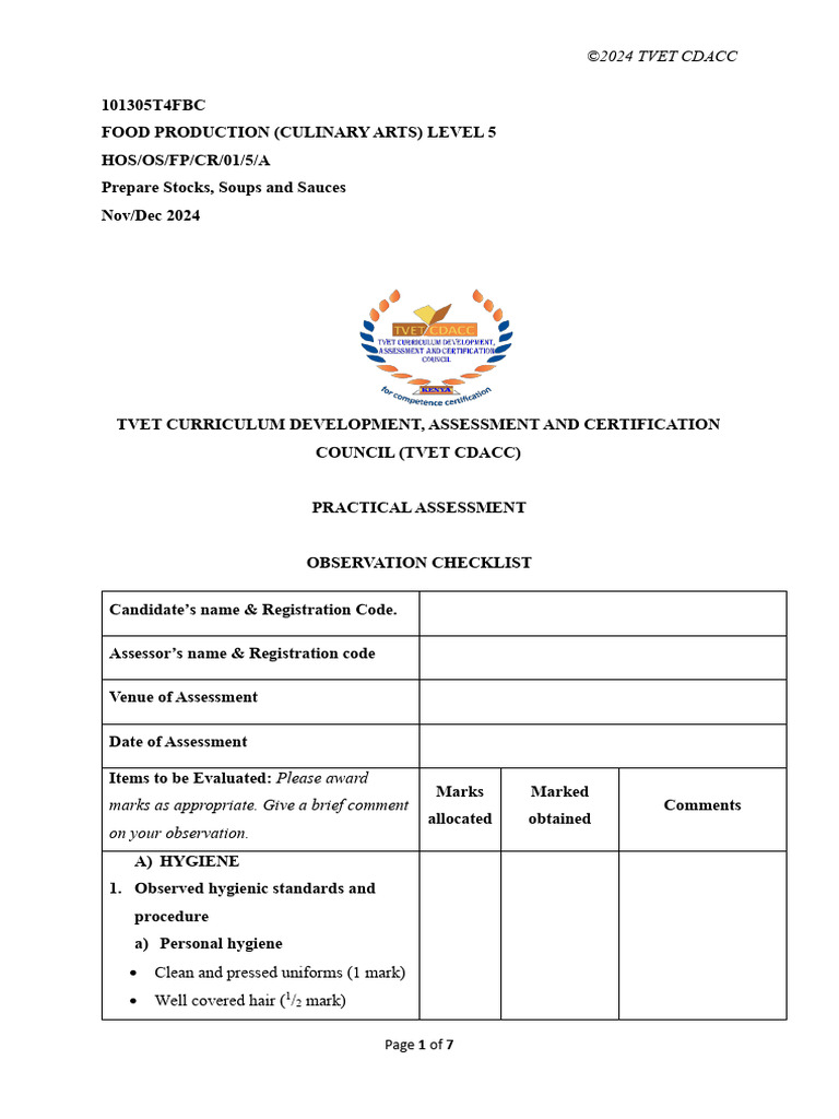 Culinary Arts Practical Assessment Checklist | PDF | Stock (Food) | Soup