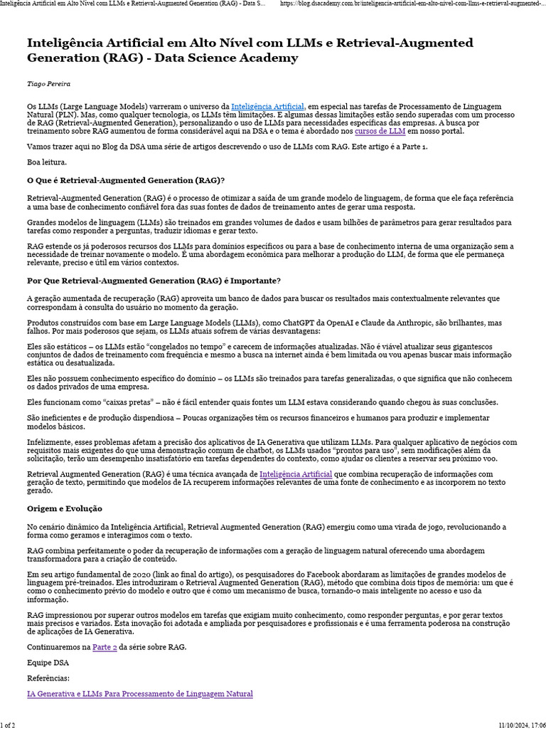 Inteligência Artificial em Alto Nível Com LLMs e Retrieval-Augmented Generation (RAG) | PDF ...