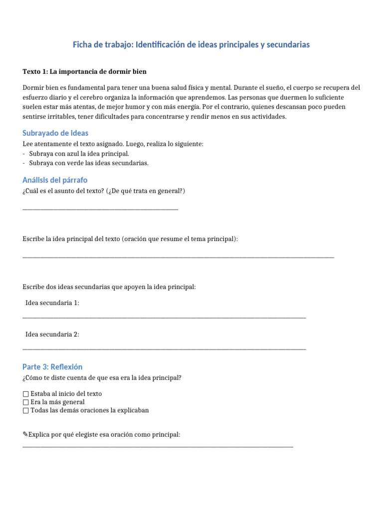 Ficha Ideas Principales Secundarias | PDF | Agua | Dormir