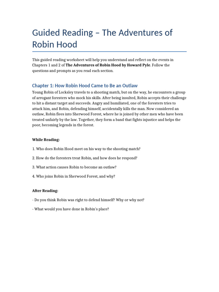 Robin Hood Guided Reading Ch1 2 | PDF