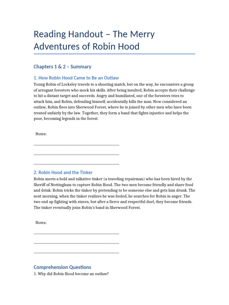 Robin Hood Reading Handout Ch1 2 | PDF