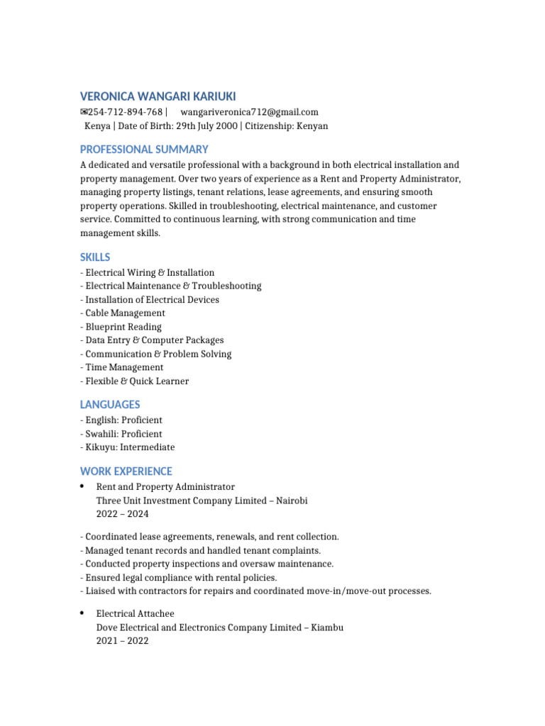 Veronica Wangari Kariuki CV | PDF | Electrical Wiring | Manufactured Goods
