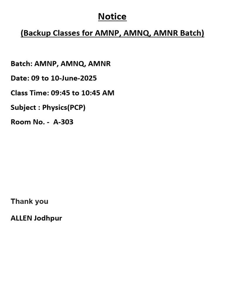 Notice: (Backup Classes For AMNP, AMNQ, AMNR Batch) | PDF