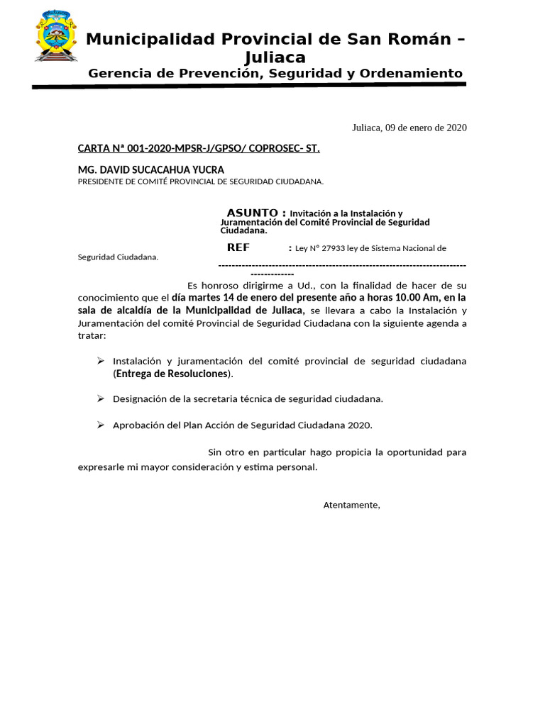 CARTA Instalacion y Juramentacion | PDF | Gobierno