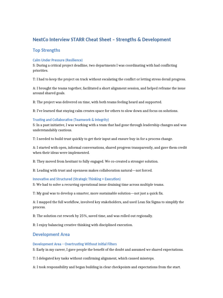 NextCo STARR Strengths Development Cheat Sheet | PDF