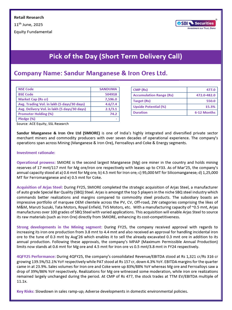 Pick of The Day (Short Term Delivery Call) - Sandur Manganese & Iron ...