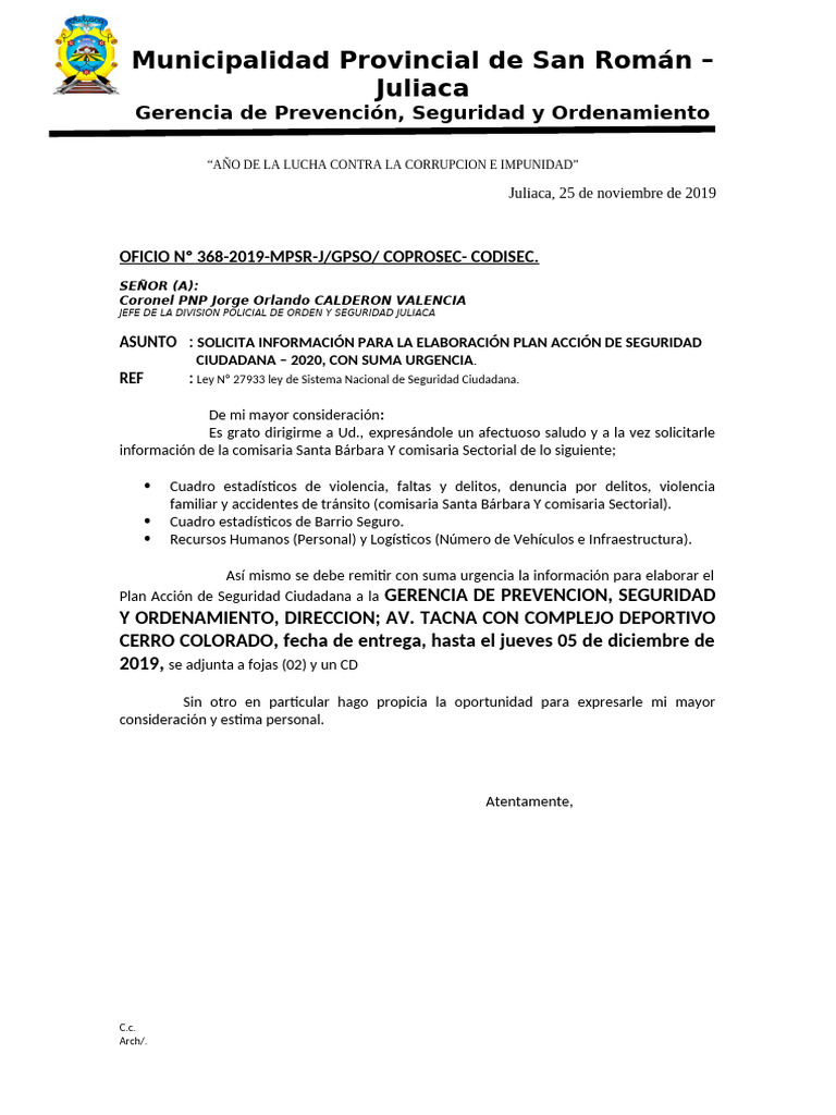Oficio Comisaria Estadistica | PDF | Gobierno