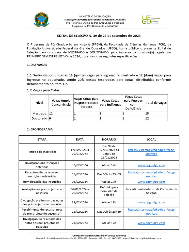 Edital N39 de 25 de Setembro de 2023 - Processo Seletivo 2024 - Programa de Ps | PDF | Pós ...