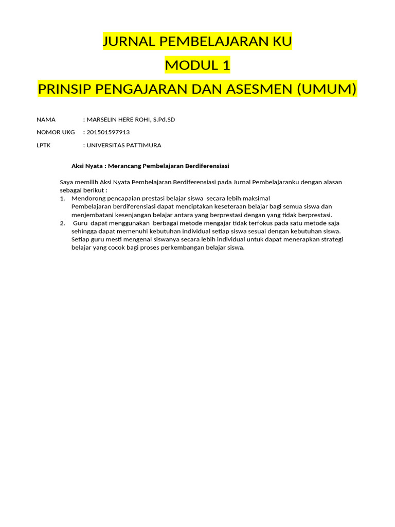 Jurnal Pembelajaran Ku Modul 1 Prinsip Pengajaran Dan Asesmen (Umum) | PDF