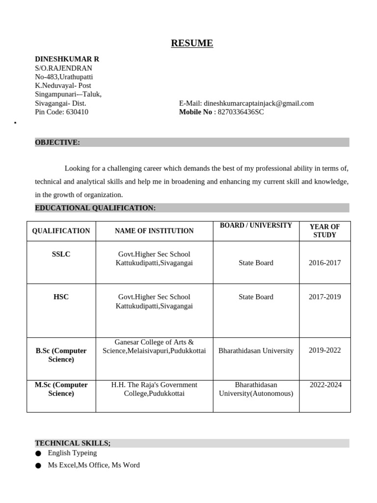 Dineshkumar Resume - Dinesh Kumar Dinesh Kumar | PDF