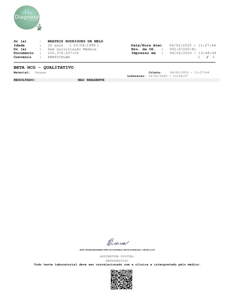 Resultado de Beta HCG Não Reagente | PDF