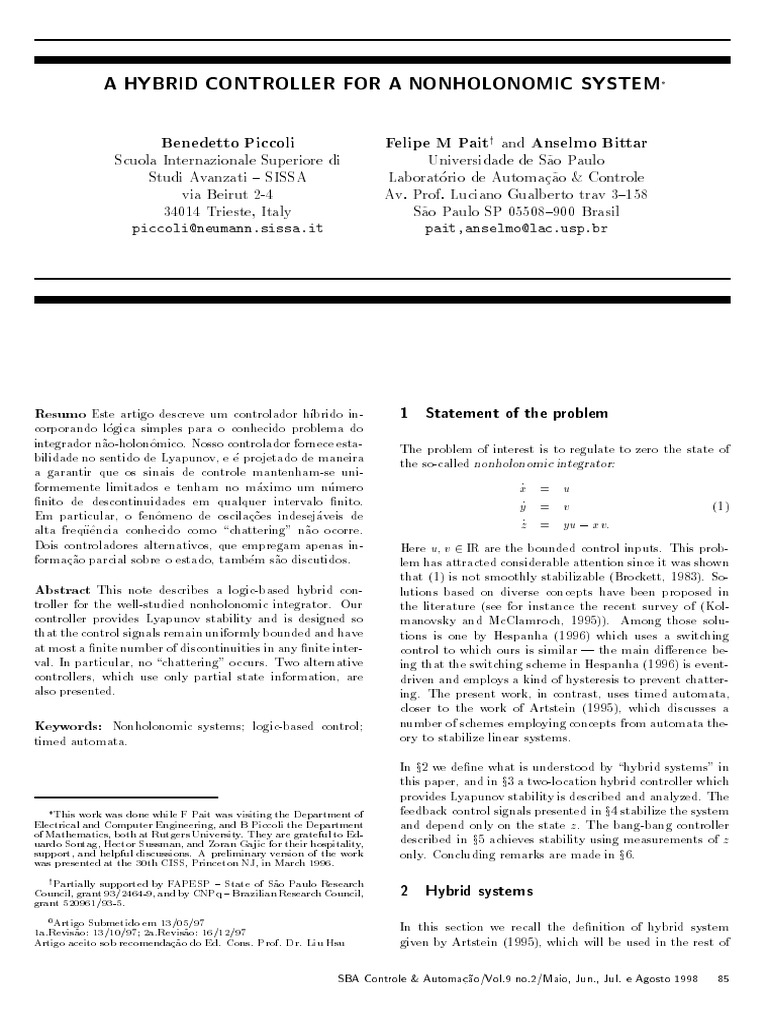 B Piccoli 1998 A Hybrid Controller For A Nonholonomic System | PDF ...
