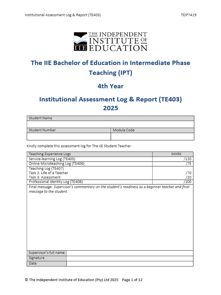 Institutional Assessment Log for IPT | PDF | Learning | Classroom ...
