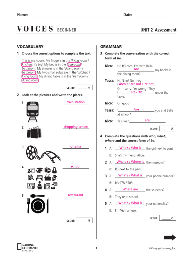 Voices Beginner U02 Test Answer Key | PDF | Interior Design | Room
