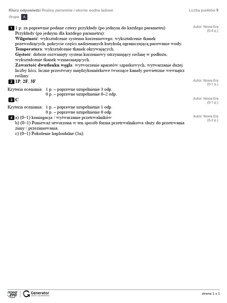 Rosliny Pierwotnie I Wtornie Wodne Ladowe Klucz Odpowiedzi | PDF