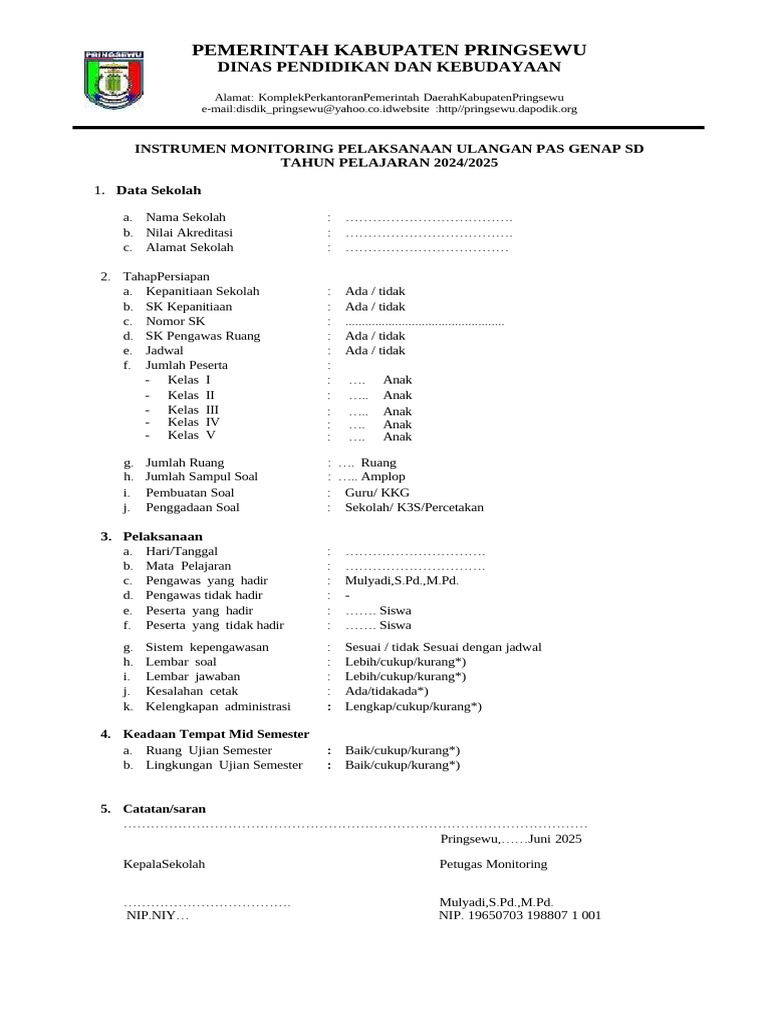 Instrumen Pas Genap SD 2025 | PDF