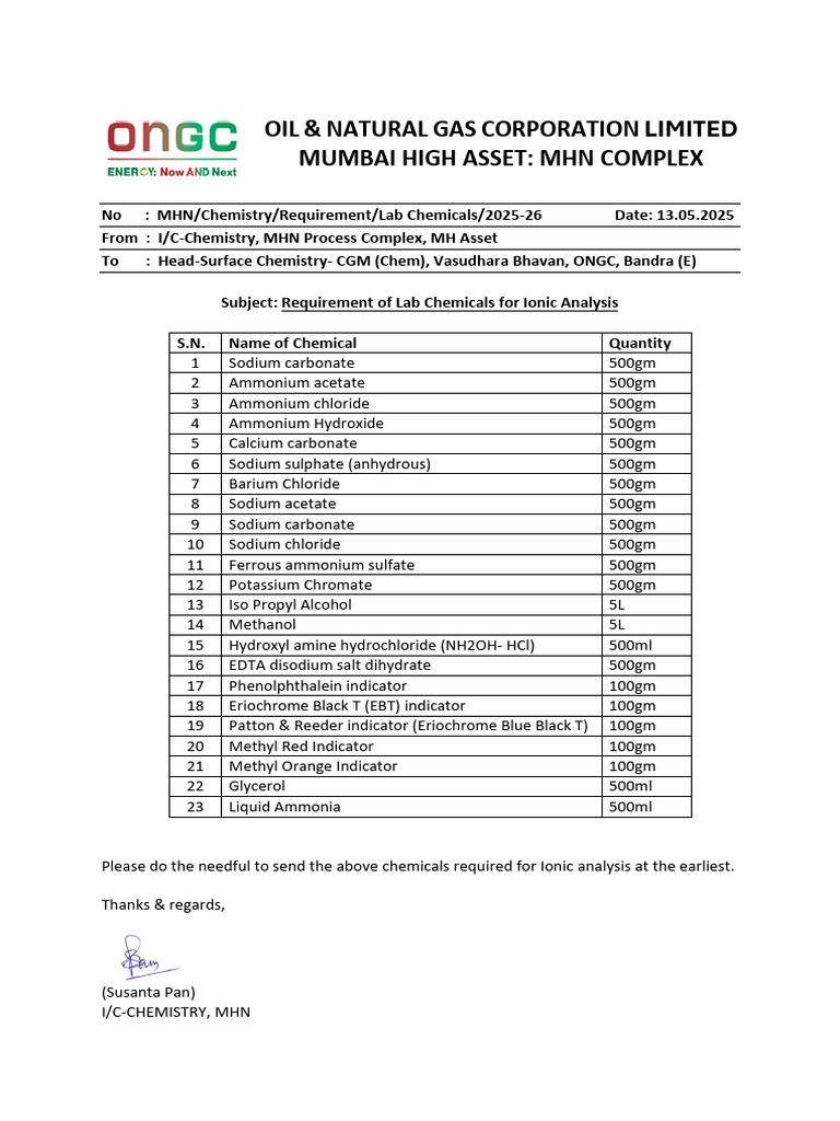 Lab Chemicals Request for Ionic Analysis | PDF | Salt (Chemistry) | Sodium