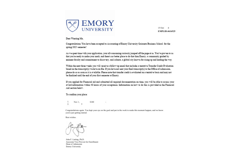 Emory University Acceptance Letter 2025 | PDF