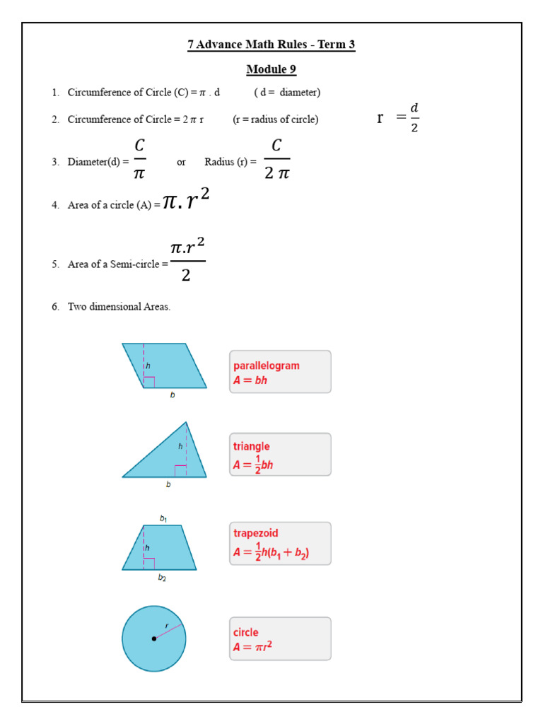 Advanced Math Rules for Circles & Prisms | PDF