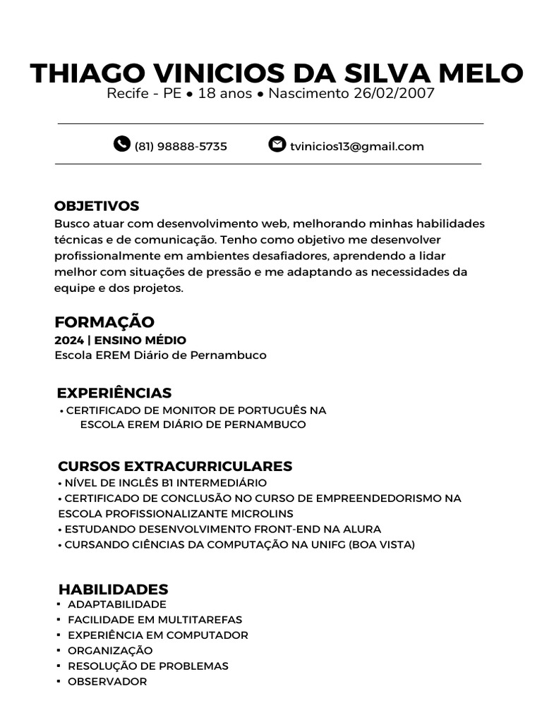 Currículo Thiago Vinicios PDF | PDF