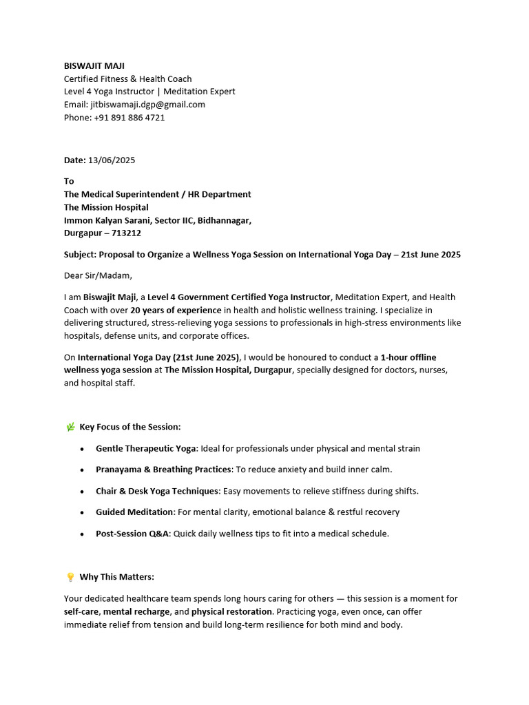 Mission Hospital Yoga Day Proposal | PDF | Yoga | Meditation