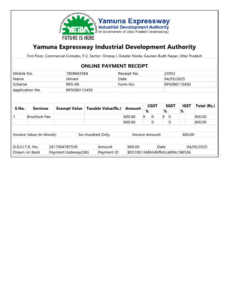 YEIDA Online Payment Receipt | PDF