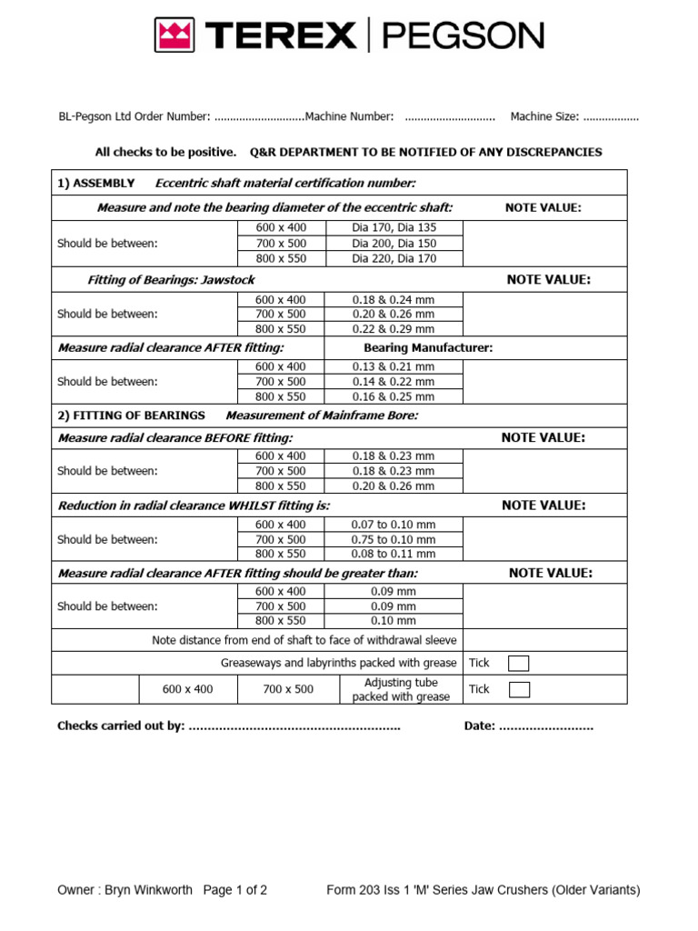 Jaw Crusher Assembly and Testing Checklist | PDF | Mechanical Engineering