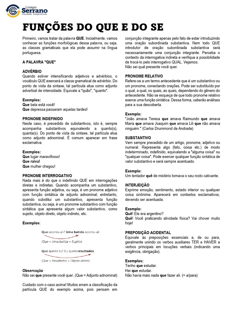 Língua Portuguesa - Funções Do Que e Do Se | PDF | Assunto (gramática ...