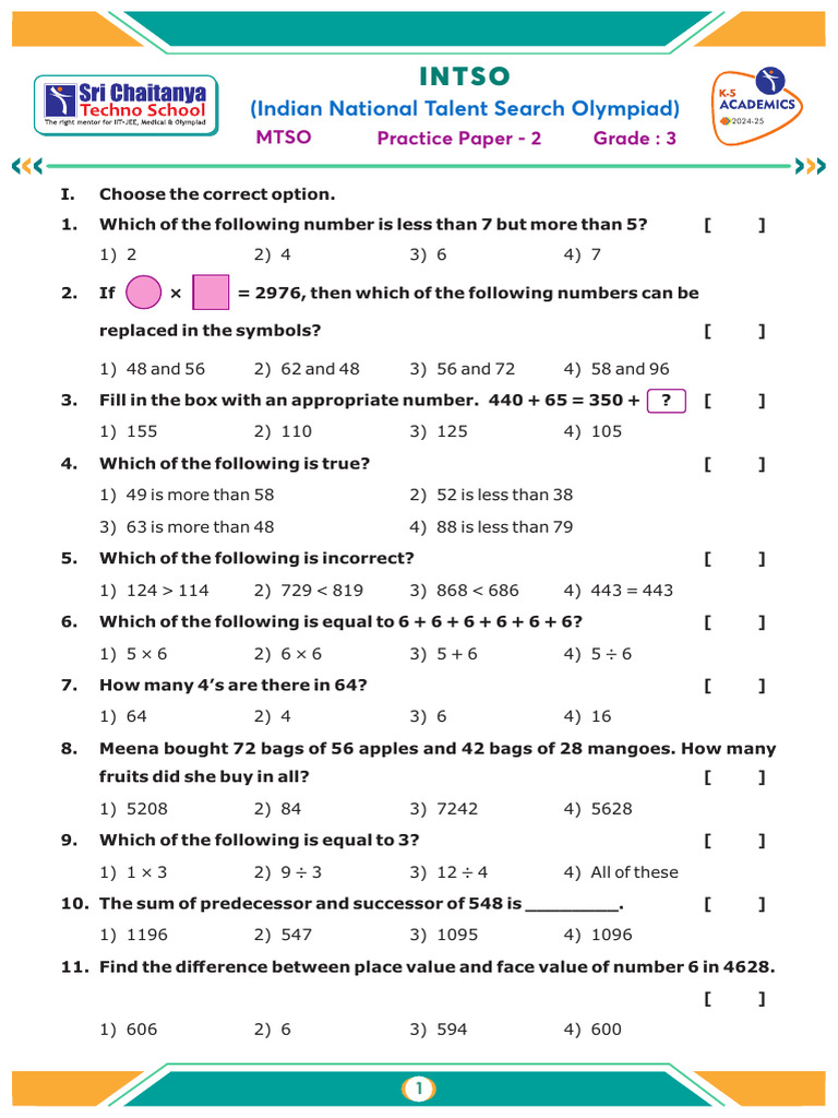 INTSO MTSO Grade-3 Practice Paper-2 2024 | PDF