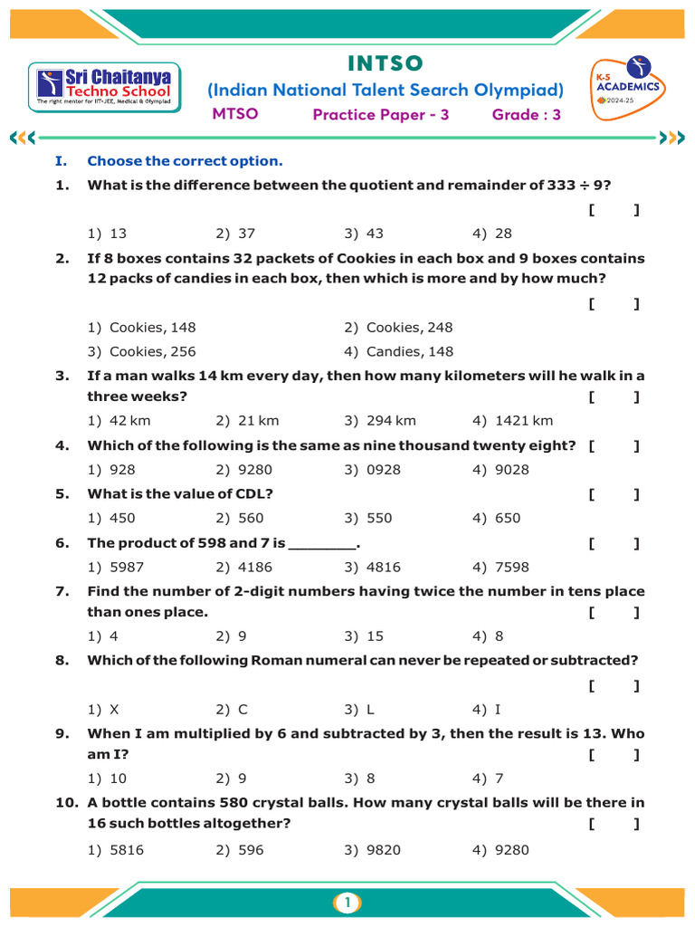 MTSO Grade 3 Practice Paper 2024-25 | PDF | Arithmetic | Mathematics