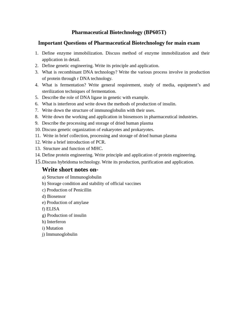 IMP Questions of Pharmaceutical Biotechnology | PDF