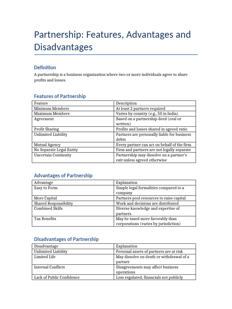 Partnership Features Advantages Disadvantages | PDF