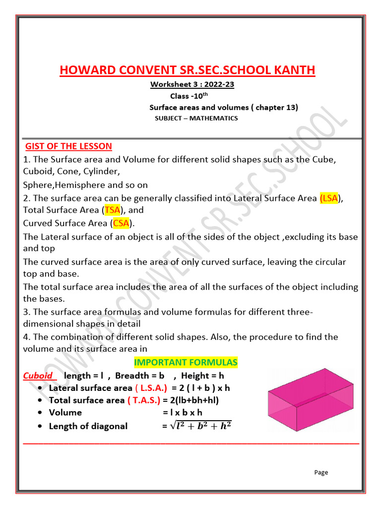 10 Important SURFACE Area and Volume Worksheet 3 Chapter 13 | PDF ...