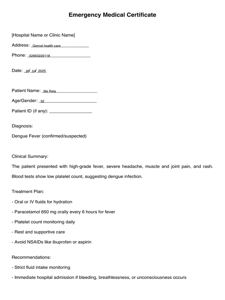 Emergency Medical Certificate for Dengue | PDF