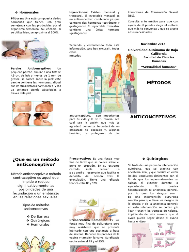 Triptico de Metodos Anticonceptivos | PDF | Control de la natalidad | Sexo