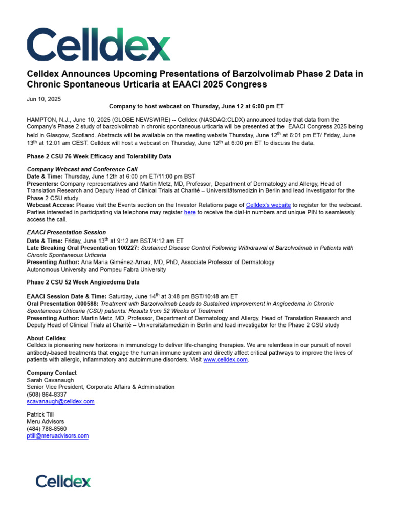 Celldex Announces Upcoming Presentations of Barzolvolimab Phase 2 Data in Chronic Spontaneous ...
