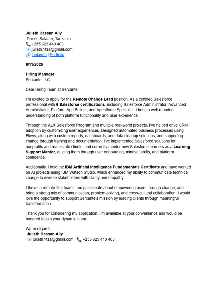 Julieth Hassan Ally Cover Letter | PDF