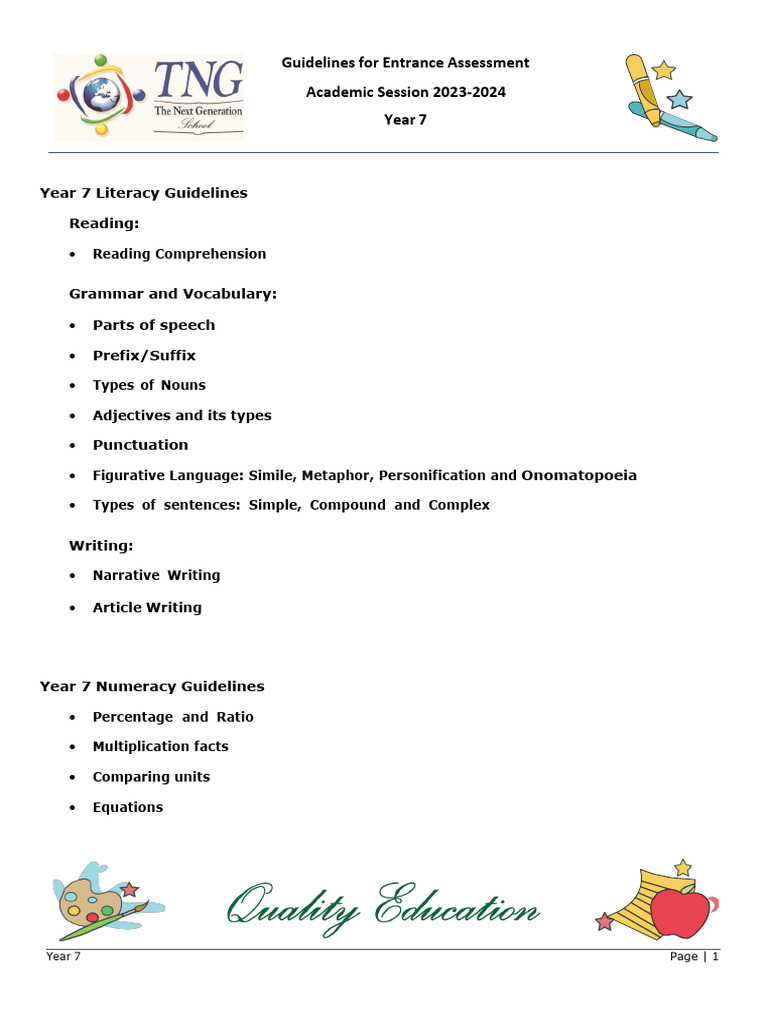 Year 7 Entrance Assessment Guidelines | PDF