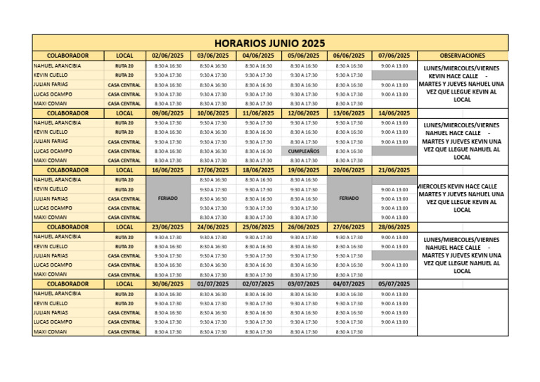 Horarios - Junio 2025 | PDF