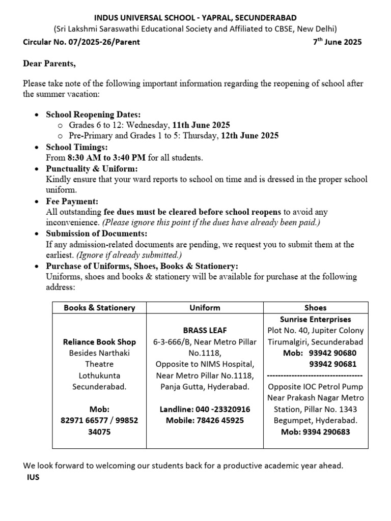 Reopening Circular June 2025 | PDF