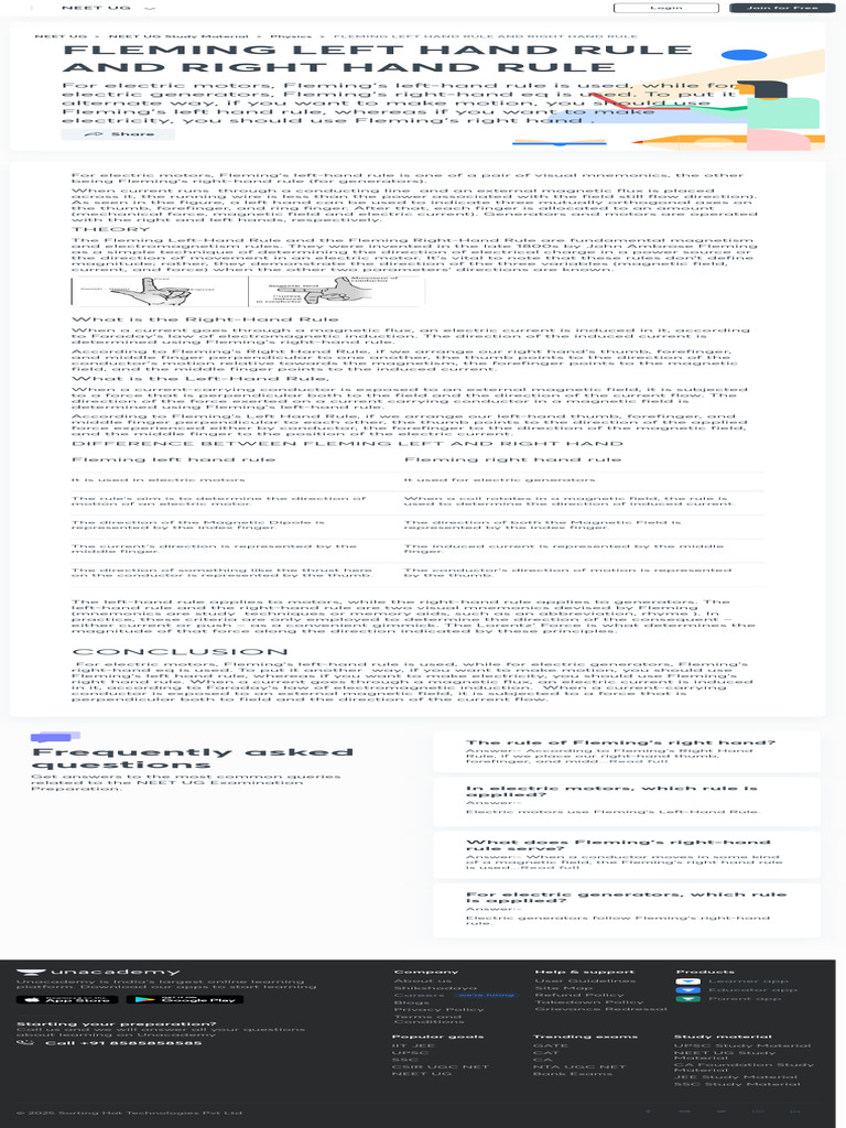 Notes On Fleming Left Hand Rule and Right Hand Rule | PDF ...