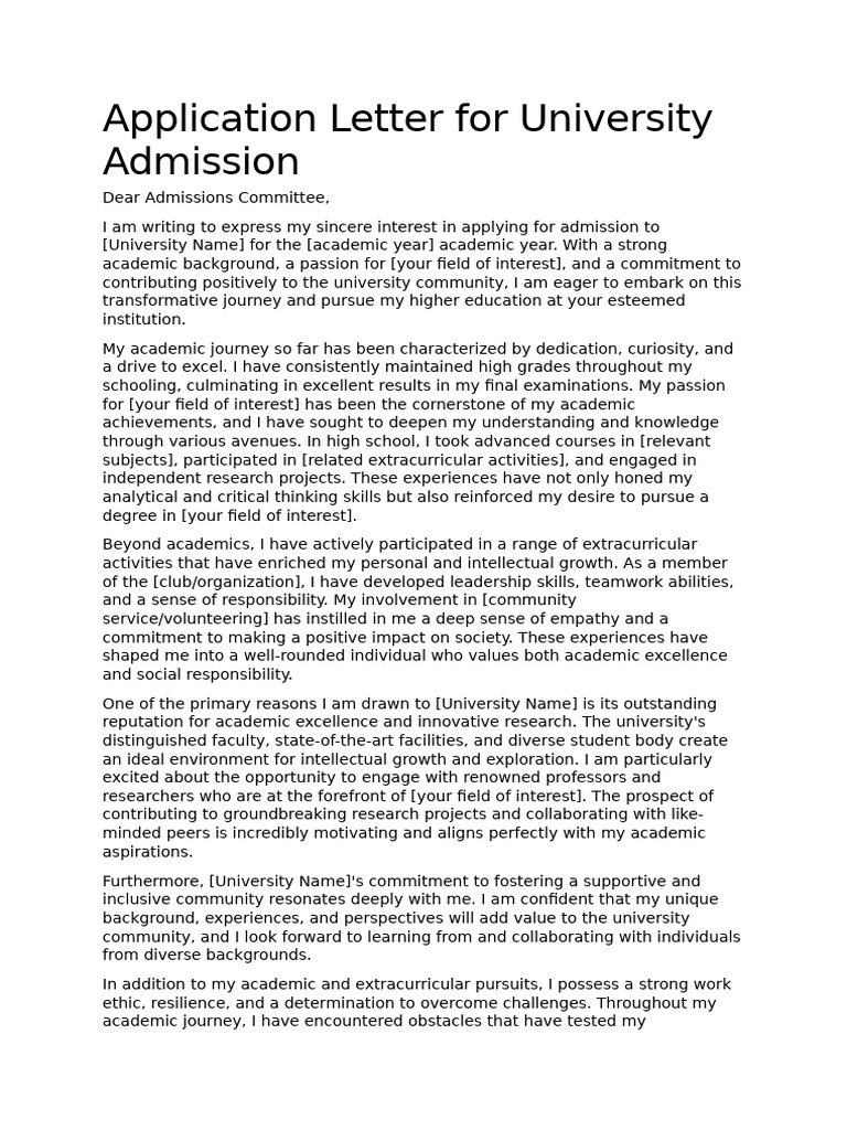 University Admission Application Letter | PDF | Psychological ...